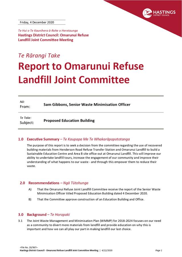 Agenda of Ōmarunui Refuse Landfill Joint Committee Meeting - Friday, 2 ...